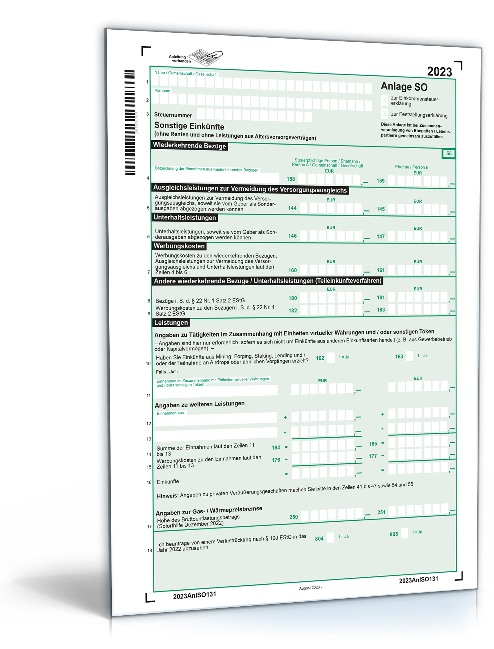 Anlage SO 2023| Steuerformular zum Download Anlage SO 2023| Steuerformular zum Download